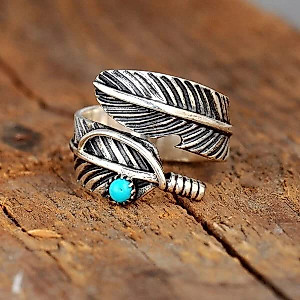Boho Feather Turquoise Adjustable Ring,Silver Wide Nature Leaf Ring,Thumb Ring for Women Men