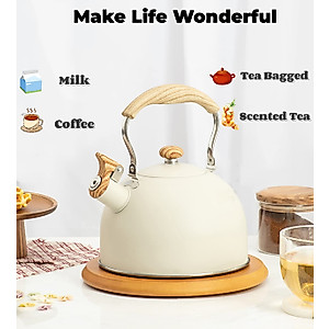 Tea Kettle, 2.6 Quart/2.5 Liter Whistling Tea Kettle, Tea Pots for Stove Top Food Grade Stainless Steel with Wood Pattern Folding Handle - Creamy White
