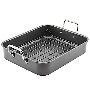 Rachael Ray Bakeware Nonstick Roaster/Roasting Pan with Reversible Rack, 16.5 Inch x 13.5 Inch, Gray