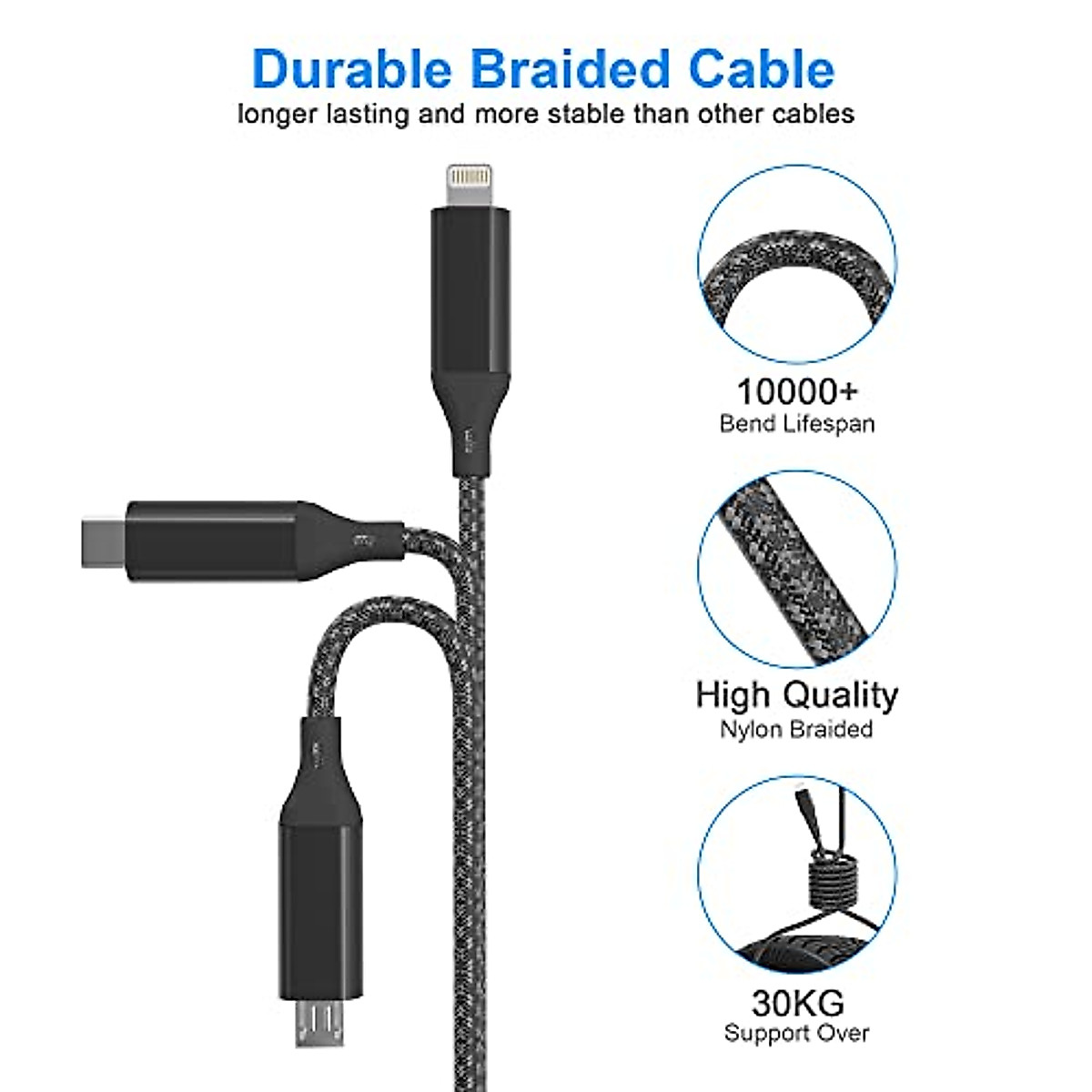 USB C to Multi 3 in 1 USB Long Charger Cable, 2M/6Ft Fast Braided Charging Cord, Universal Multiple Ports Long Charging Cable with USB C/Micro USB/Lightning Connector for iPhones Android