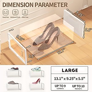 Secret Space 12 Pack Large Shoe Storage Organizer for Closet, Modular Space Saving Shoe Boxes Clear Plastic Stackable Containers Display Case Bins with Lids, Shoe Rack for Sneaker Storage, White