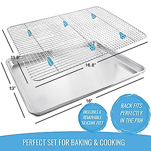 KPKitchen Silicone Baking Mats Set of 5 and Baking Sheet with Rack Set - 2 Half Sheets Mats + 1 Quarter Sheet Liner + 1 Round & 1 Square Cake Mat - Aluminum Pan + Stainless Steel Cooling Rack