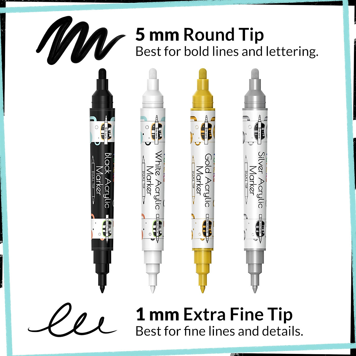 Funcils 4 Dual Tip Acrylic Paint Pens - Fine Tip & Medium, Permanent & Waterproof - Acrylic Paint Markers for Rock Painting, Canvas, Wood, Ceramic, Glass, Fabric, Metal - White, Black, Gold & Silver