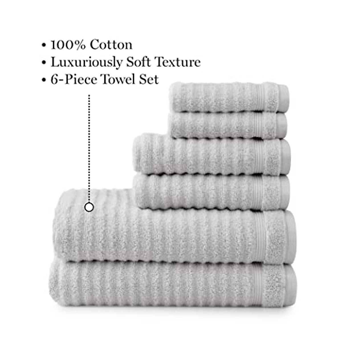 MARTHA STEWART 100% Cotton Bath Towels Set Of 6 Piece, 2 Bath Towels, 2 Hand Towels, 2 Washcloths, Quick Dry Towels, Soft & Absorbent, Bathroom Essentials, Towel Sets For College Dorm, Textured Gray