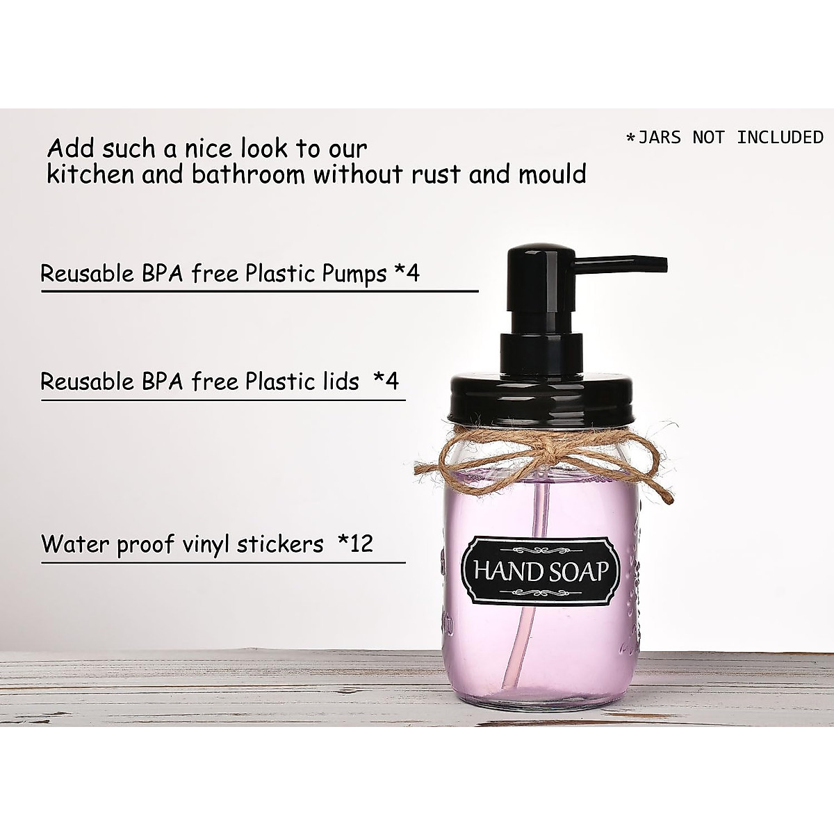 Elwiya Rustic/Farmhouse Mason Jar Soap Dispenser Lid and Pump Rust Proof, Black Plastic Dispenser Lid for 16 oz Regular Mouth Mason Jar Decor - 4 Pack