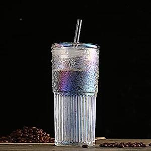 QWEZXO High Borosilicate Glass Cups With Lids and Glass Straws，20 OZ Rainbow Iced Coffee Water Tumbler Smoothie