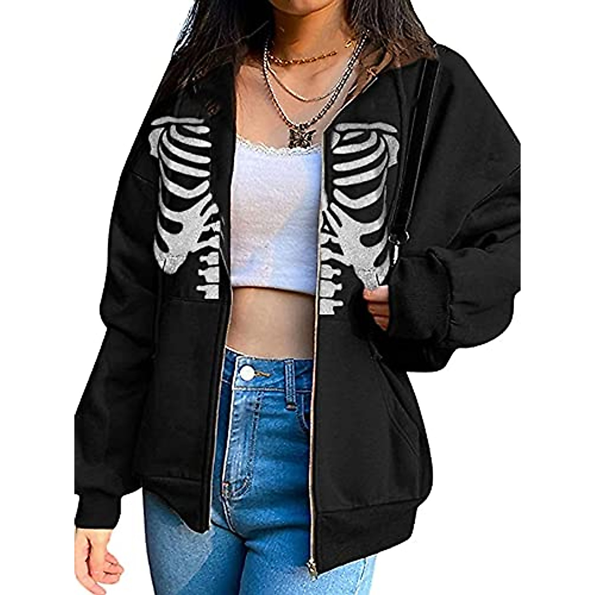 Women's Y2K Hoodie Vintage Skeleton Print Oversized Zip up Sweatshirt Pullover Sweatshirt 90S Cardigan Streetwear (Black Skeleton, Large)