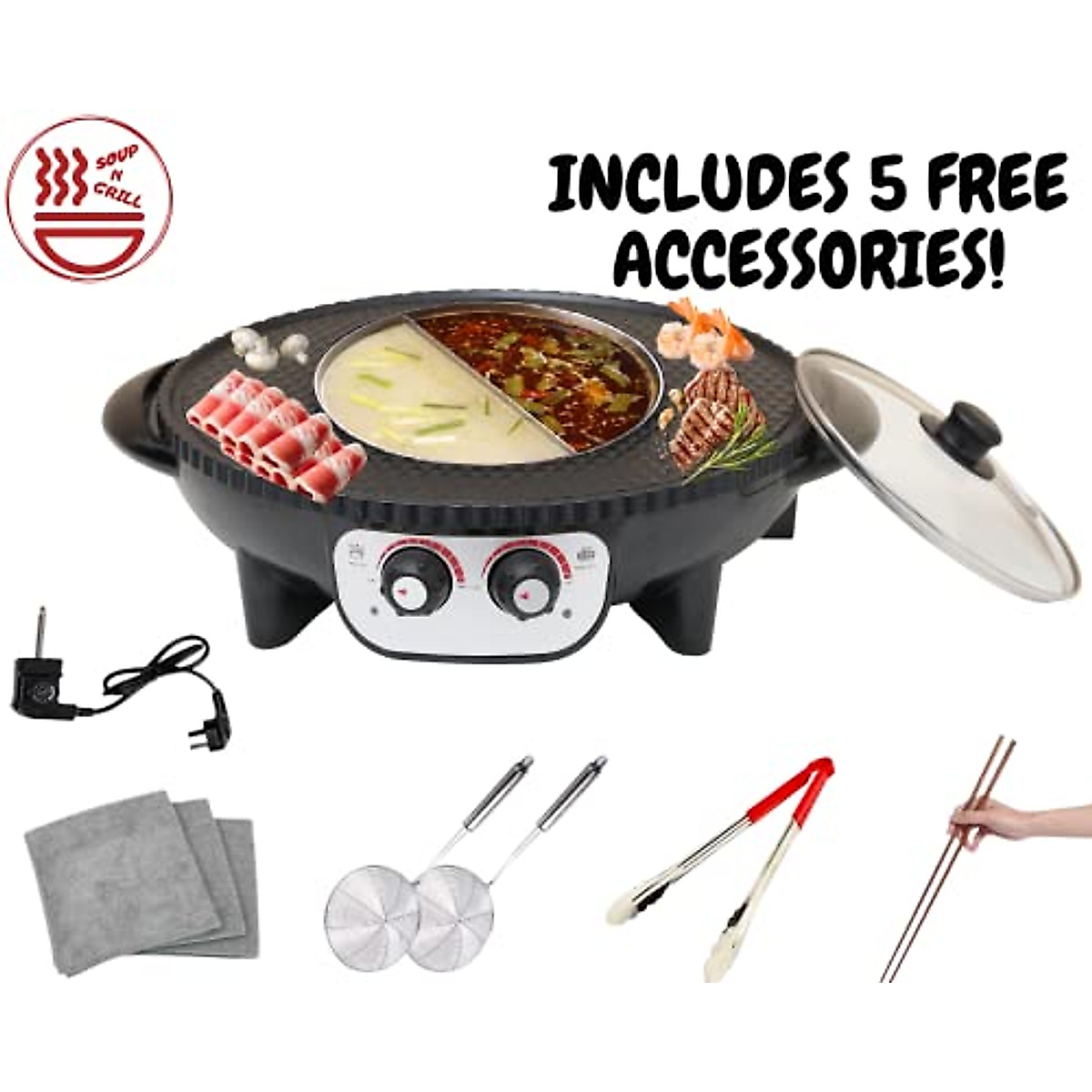 Soup N Grill C2 Circular Edition Hotpot Grill Combo Indoor Korean BBQ, Shabu Shabu Electric Hot Pot with Divider, Portable with Free Strainer Scoops, Extra Long Chopsticks, Tongs, Cloths, Smokeless Grill