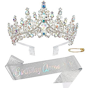 Chanaco Birthday Crown Birthday Sash Birthday Crowns for Women Birthday Queen Sash Silver Tiara Happy Birthday Decorations Rhinestone Headband Birthday Party Gifts