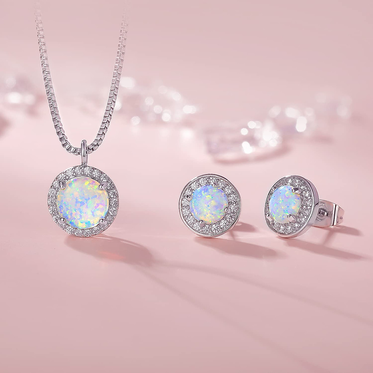 DwearBeauty White Gold Opal Jewelry with Cubic Zirconia,Opal Necklace and Earring Set for Women and Girl(necklace and stud earring)