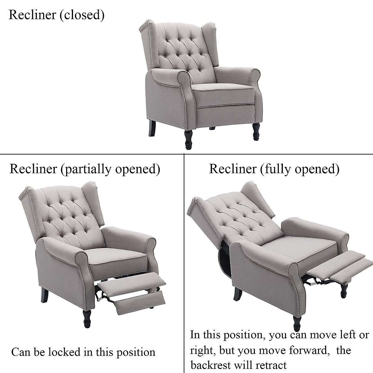 Artechworks Tufted Fabric Push Back Arm Chair Recliner Single Reclining Fabric for Adjustable Club Chair Home Theater Padded Seating Living Room Lounge Modern Sofa Grey