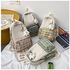 MBVBN Cute Plush Pendant Plaid Backpack Patchwork Travel Student Laptop Bag (Green), Medium