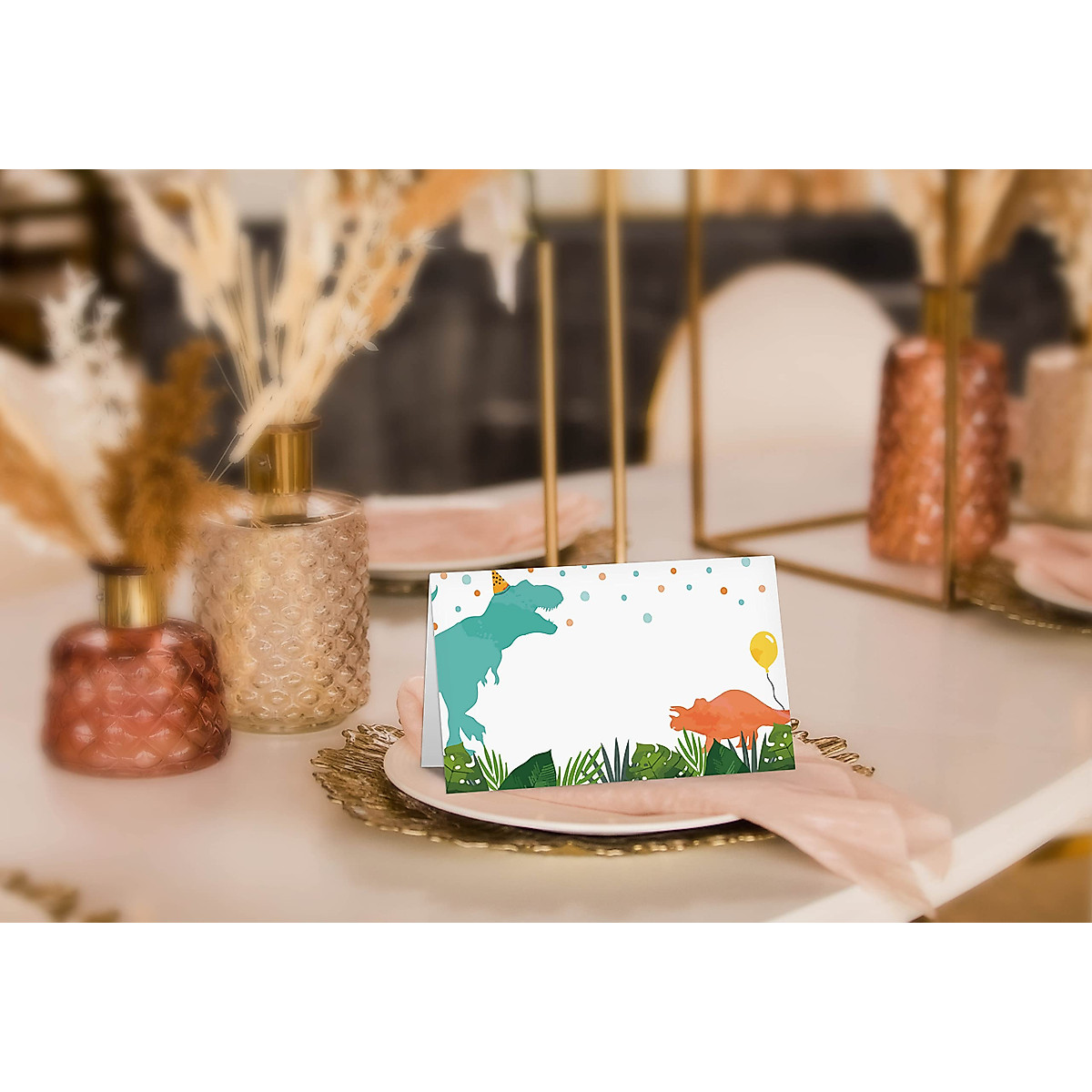 Table Place Card, Dinosaur Themed Tent Style Cards, Pack of 25 Half-Fold Reception Place Card, Green Blue Dino Food Labels, Perfect for Baby Shower, Dinosaur Birthday Party C07