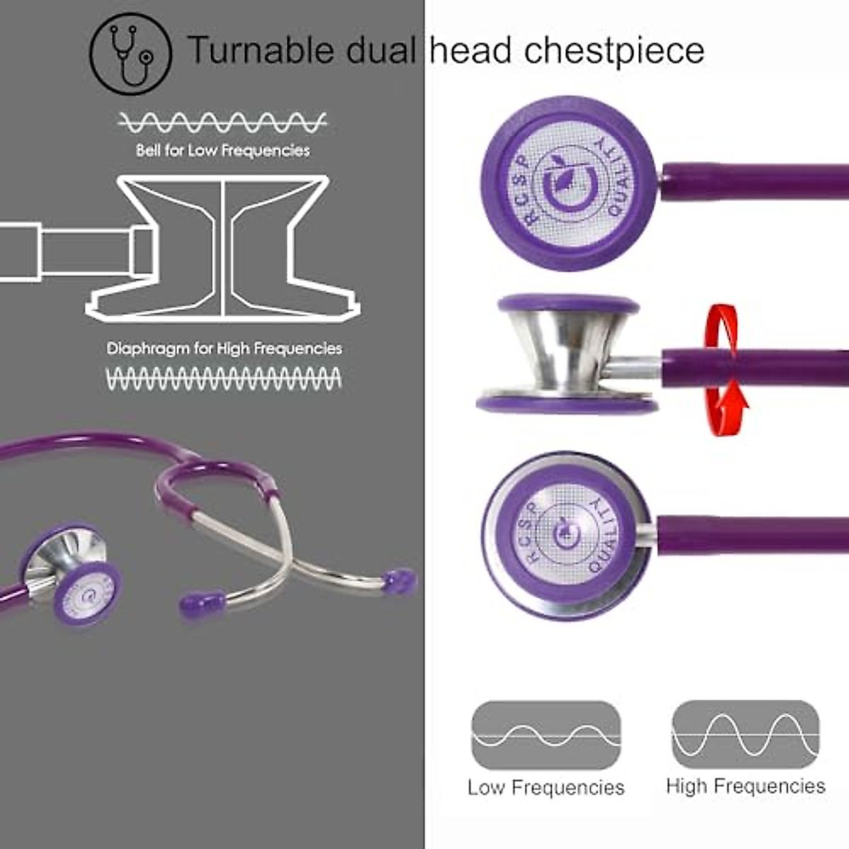 RCSP Dual Head Stethoscope For Doctors And Medical Student, Pediatric And Adult Stethoscope, light weight Alluminium Chest Piece with Flexible Jointless Tube & Soft Sealing Ear Knobs (PURPLE)
