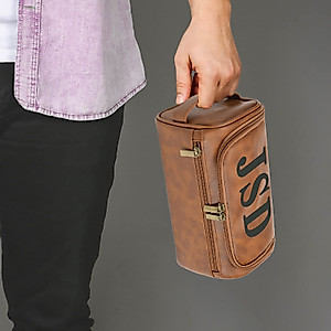 Personalized Leather Toiletry Bag For Men with Hook, Groomsmen Gifts Travel Bag Laser Engraved Name Monogram Leather Gift Anniversary Gift For Him Husband Father Leather Dopp Kit with Side Handle