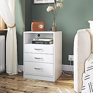 ADORNEVE Nightstand 3 Drawers with Open Storage,Side Tables Bedroom with Charging Station,Bedside Table with Drawers,White