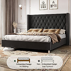 PaPaJet King Bed Frame Upholstered Bed Velvet Low Profile Platform Bed with Raised Wingback Headboard/No Box Spring Needed/Easy Assembly/Black
