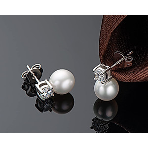 DENGGUANG Pearl Stud Earrings June Birthstone Freshwater Cultured 6.5mm Small White Pearl Drop Silver Earrings with Cubic Zirconia Jewelry Gifts for Women
