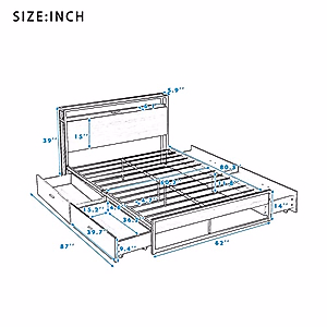 Banemi Queen Bed Frame with Drawers, Queen Size Platform Bed Frame Black Metal Bed Frame with Four Drawers Sockets and USB Ports Slat Support