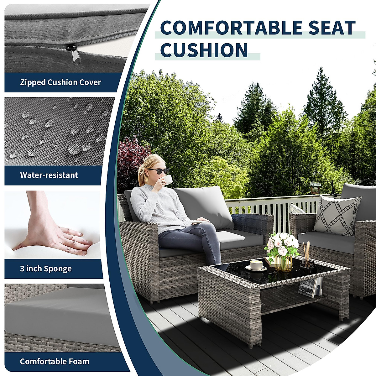 VONZOY Wicker Patio Furniture Set, 4 Piece Outdoor Sectional Conversation Sets, Gray PE Rattan Patio Sofa Set for Balcony, Porch, Backyard, Grey