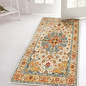 Boho Area Rug, 2' x 4' Machine Washable Rugs for Entryway Faux Wool Small Rugs Distressed Throw Rug Non-Slip Floor Carpet for Indoor Bedroom Kitchen Living Room