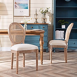 Recaceik French Country Dining Chair Set of 2, Farmhouse Dining Room Chairs with Rattan Round Back & Rubber Wood Legs Finish, Upholstered Kitchen Chairs for Dining Room/Living Room/Restaurant, Beige