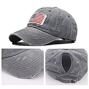 Distressed Ponytail Hat for Women American-Flag Pony Tail Caps High Bun (Black+Grey, Adjustable)