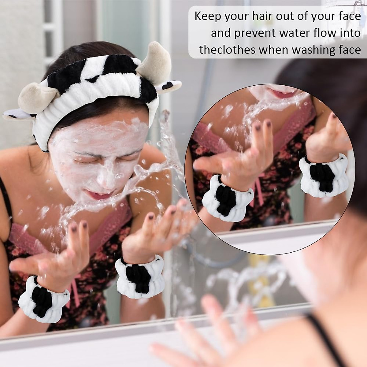 AHONEY Cow Ears Headband Cow Print Skincare Headbands and Wristbands, Cute Spa Wrist Band Fluffy Hand Cuffs Women Girls Kids Facial Makeup Accessories Costume Party Stuff Birthday Gift
