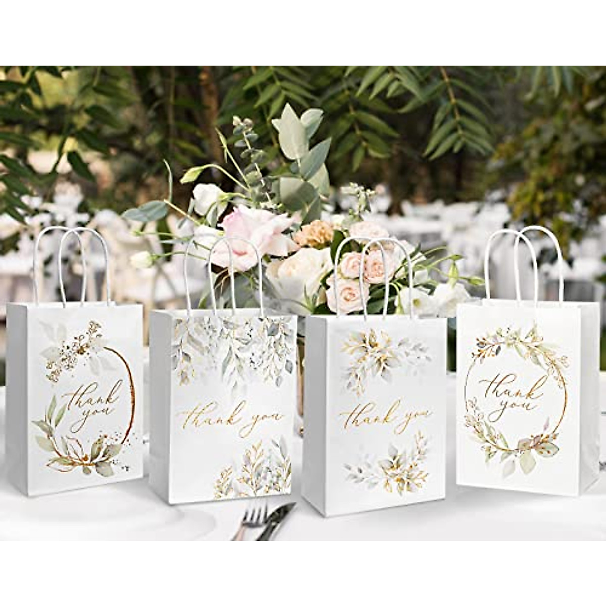Created Flow Eucalyptus Wedding Thank You Gift Bags Small Size Guests Bridal Shower Bridesmaids Gift Bags Birthday Party Thank You Favors Bag Baby Shower Office Business Thank You Bags Bulk Merchandise White Handles Gold Foil Paper 16 Pack 4 Designs