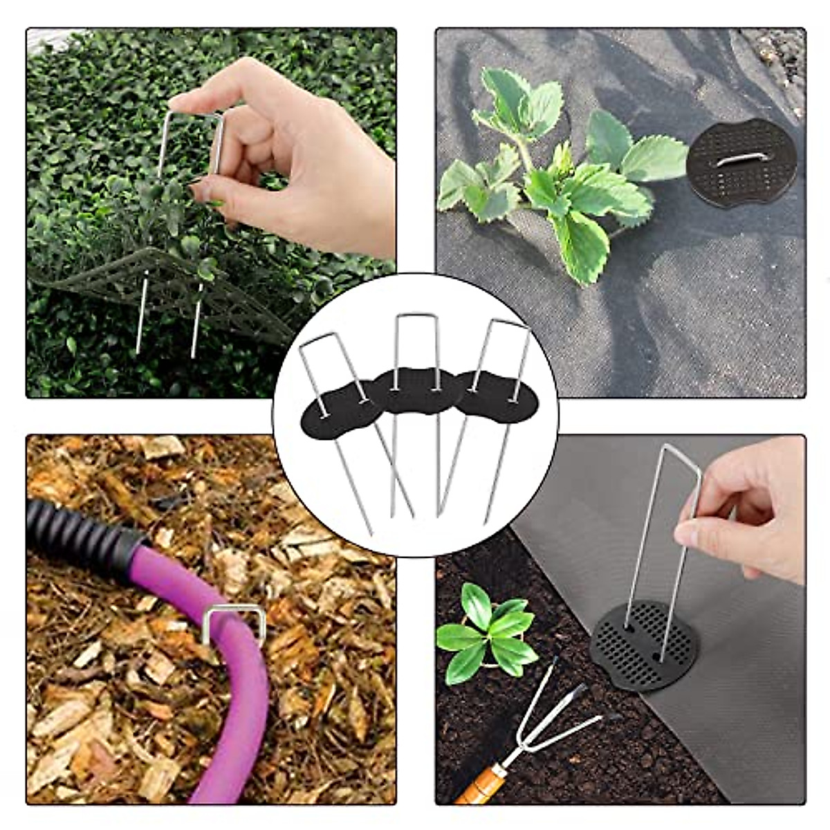 Whonline 100pcs 6 Inch Landscape Staples Set, 50pcs Galvanized Garden Staples and 50pcs Gasket, 11 Gauge Heavy Duty Fabric Staples for Securing Lawn Fabric, Weed Barrier