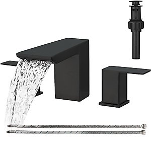 BESy Matte Black Bathroom Faucet 3 Holes Two Handles Vanity Widespread 8 Inch Bathroom Sink Faucet, Waterfall Bathroom Sink Faucet with cUPC Supply Hoses, Pop Up Drain, Stainless Steel