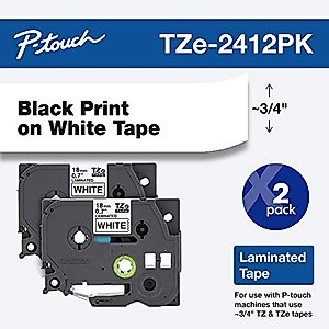 Brother Genuine P-Touch, TZe2412PK, 2 Pack of Label Tape, Black Font On White Label, TZe241,Black on White