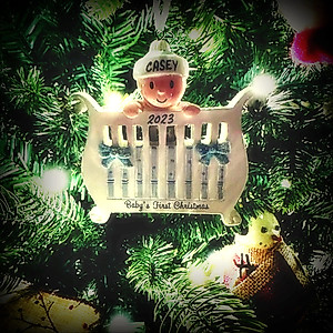 Personalized Baby in a Crib First Christmas Ornament (Blue)