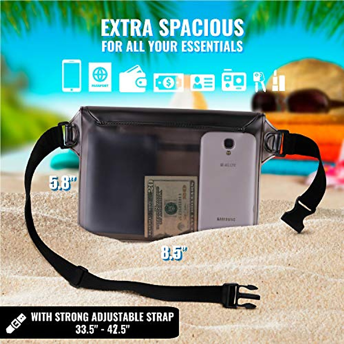 AiRunTech Waterproof Pouch with Waist Strap (2 Pack) | Adjustable Waterproof Dry Fanny Bag for Boating Swimming Kayaking Surfing | Beach Cruise Travel Accessories Essentials Vacation Must haves