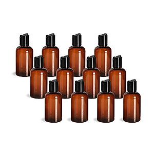 ljdeals 2 oz Amber PET Plastic Refillable Bottles with Black Disc Top Caps, Pack of 12, BPA Free, TSA Approved, Made in USA