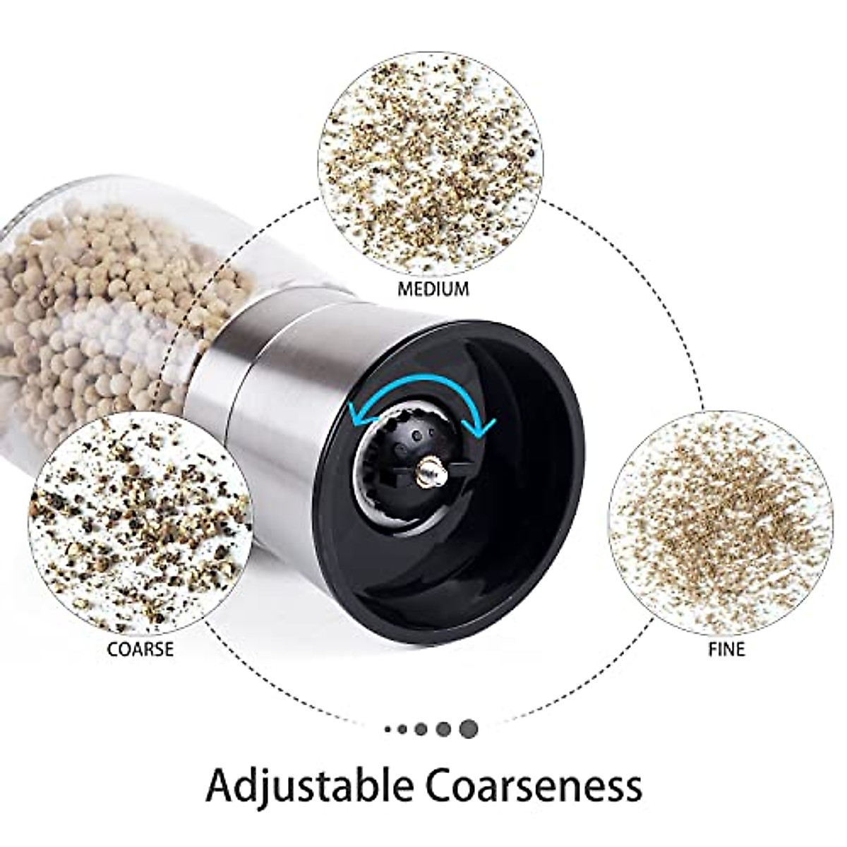 Salt and Pepper Grinder Set, Trofoty Stainless Steel Sea Salt & Pepper Grinder Refillable Set, Manual Adjustable Ceramic Salt and Pepper Grinders, Clear Glass Metal Pepper Mill Set - 2 Pack