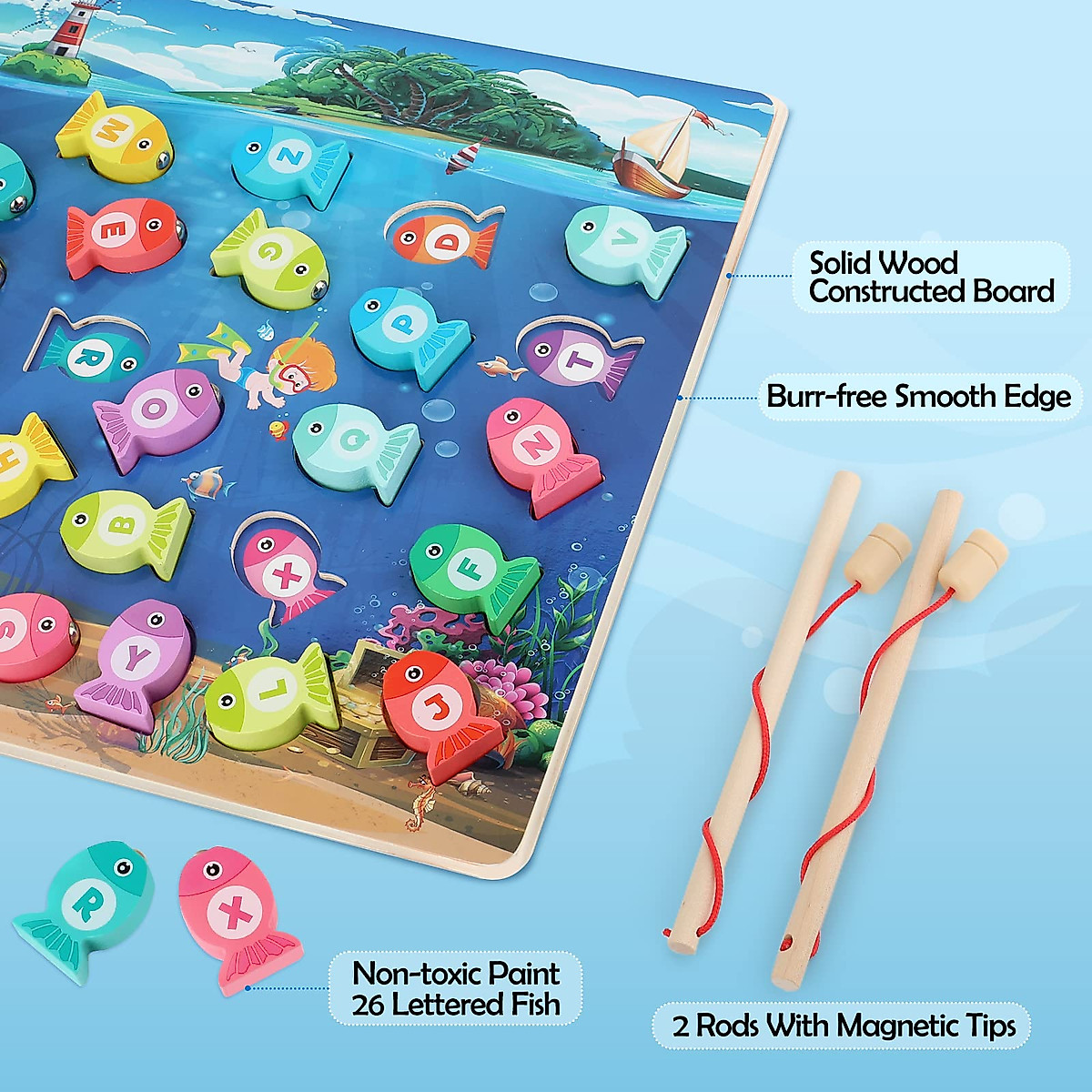 Torlam Magnetic Wooden Fishing Game Toy for Toddlers, Fine Motor Skill Toy ABC Alphabet Learning for Toddlers, Montessori Letters Cognition Preschool for Years Old Kid Early Learning with 2 Pole