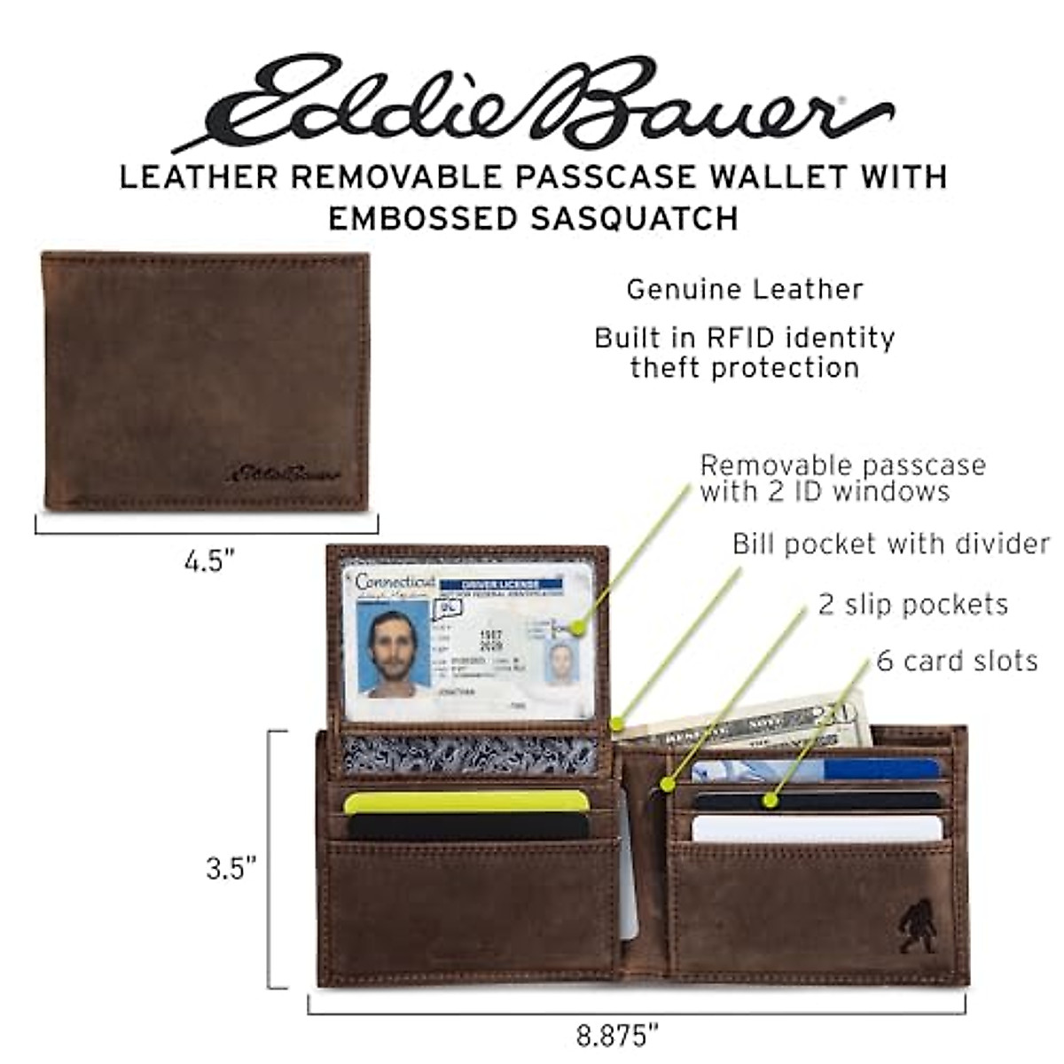 Eddie Bauer Men Signature Bifold Passcase Wallet, Embossed Leather-Tan, One Size
