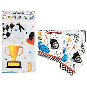 WERNNSAI Racing Car Tablecloth - 108" x 54" Disposable Plastic Rectangular Checkered Table Covers for Kids Birthday Game Sports Events Race Car Party Supplies