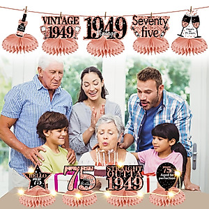 Bumqviy 9Pcs 75th Birthday Honeycomb Centerpieces Decorations with String Lights for Women, Rose Gold Pink Happy 75 Birthday Table Party Supplies, Vintage 1949 Aged to Perfection Birthday Table Sign
