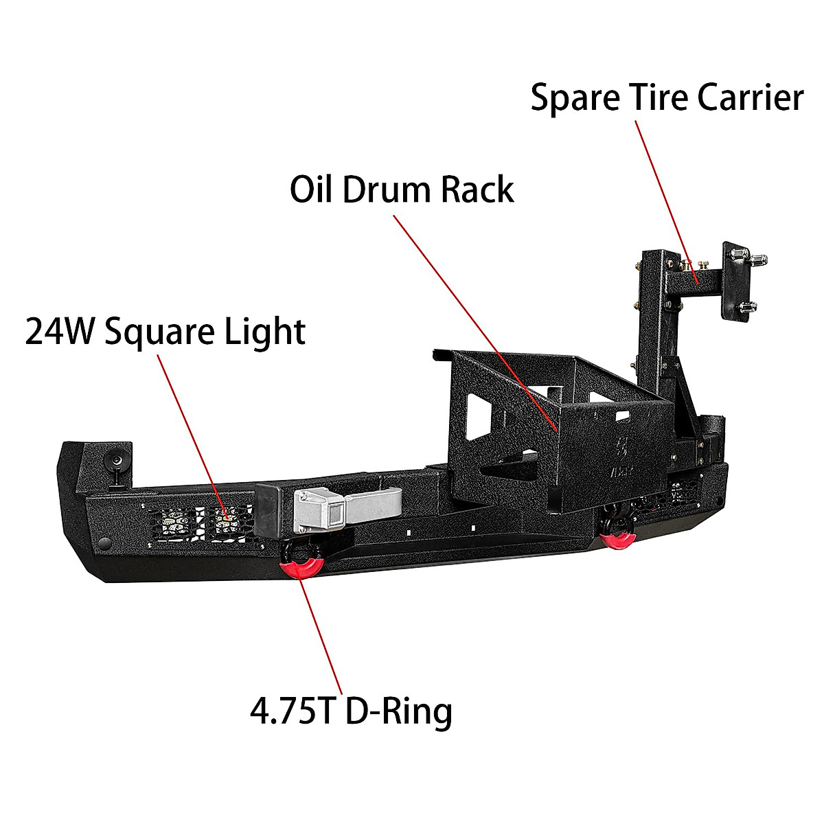 LUYWTE New Black Texture Steel Rear Bumper With Spare Tire Carrier&Sensor holes&D-Rings For 2005-2015 Tacoma