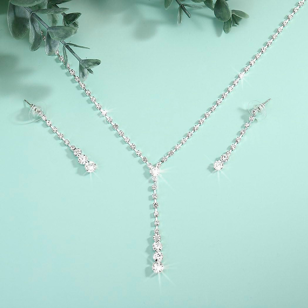 Yean Silver Bridal Jewelry Set Rhinestone Wedding Necklace and Earring Set Prom Jewelry for Women and Bride (Silver)