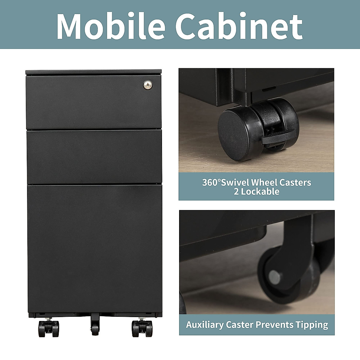 HISTEEL 3 Drawer Vertical File Cabinet,Mobile Filing Cabinet for Legal/Letter/A4 File,11.81" x 17.72" x 23.62", Black