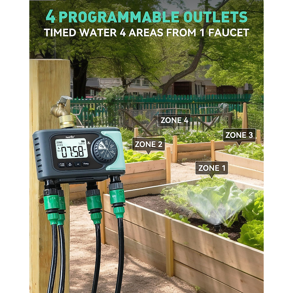 RAINPOINT Sprinkler Timer, 4 Outlets Hose Timer with Brass Inlet, Water Timer with Rain Delay/Manual/Automatic Timed Controller System, Programmable Digital Irrigation Timer for Lawn Yard, 4 Zone