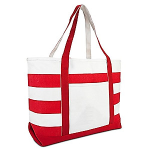 DALIX Striped Boat Bag Premium Cotton Canvas Tote in Red