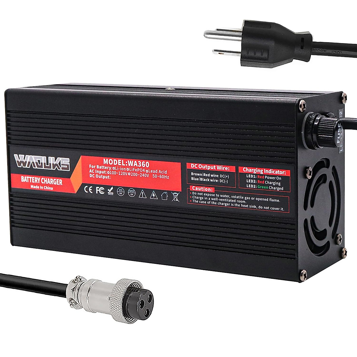 58.8V 5A Charger 52V Li-ion Battery Charger Black Aluminum Case with Cooling Fan Output GX16-3pin Connector Used for 14S 52V Lithium Battery Pack 52V Smart Charger