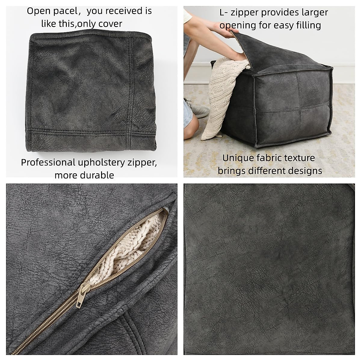 C COMFORTLAND Square Ottoman Pouf (No Filler), Faux Leather Poofs, Ottomans Foot Rest, Floor Foot Stools, Unstuffed Bean Bag Poufs Cover with Storage for Living Room, Bedroom Dark Grey