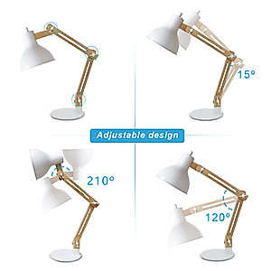 DINGLILIGHTING DLLT Swing Arm Desk Lamp, Wood Adjustable Gooseneck Table Lamp, Modern Architect Desk Light, Reading Light for Work, Study, Bedroom, Home Office, White Metal Shade, E26 Bulb Included