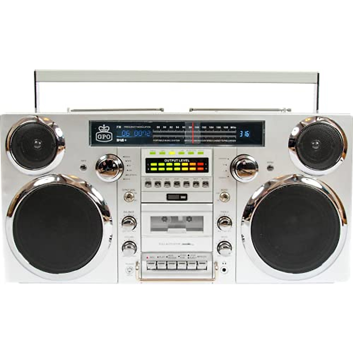 GPO Brooklyn 1980S-Style Portable Boombox - CD Player, Cassette Player, FM Radio, USB, Wireless Bluetooth Speaker - Silver