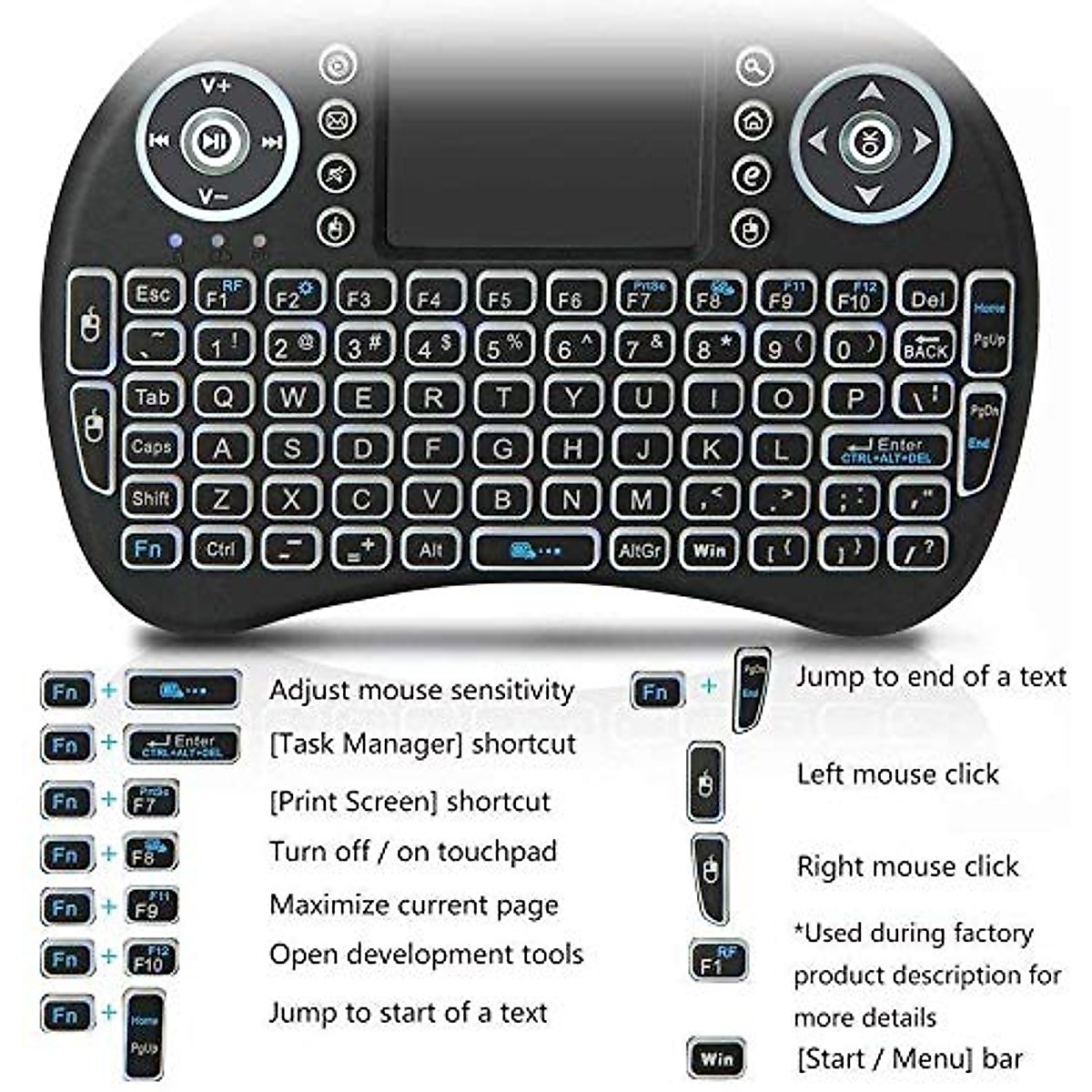 RAXXIO i8 Mini Wireless Keyboard, Handheld 2.4GHz LED-Backlit Portable Mini Keyboard with Touchpad Mouse, Rechargeable Battery for Pc Pad Xbox 360 Ps3 Smart TV Htpc Iptv Android Box Linux Raspberry Pi